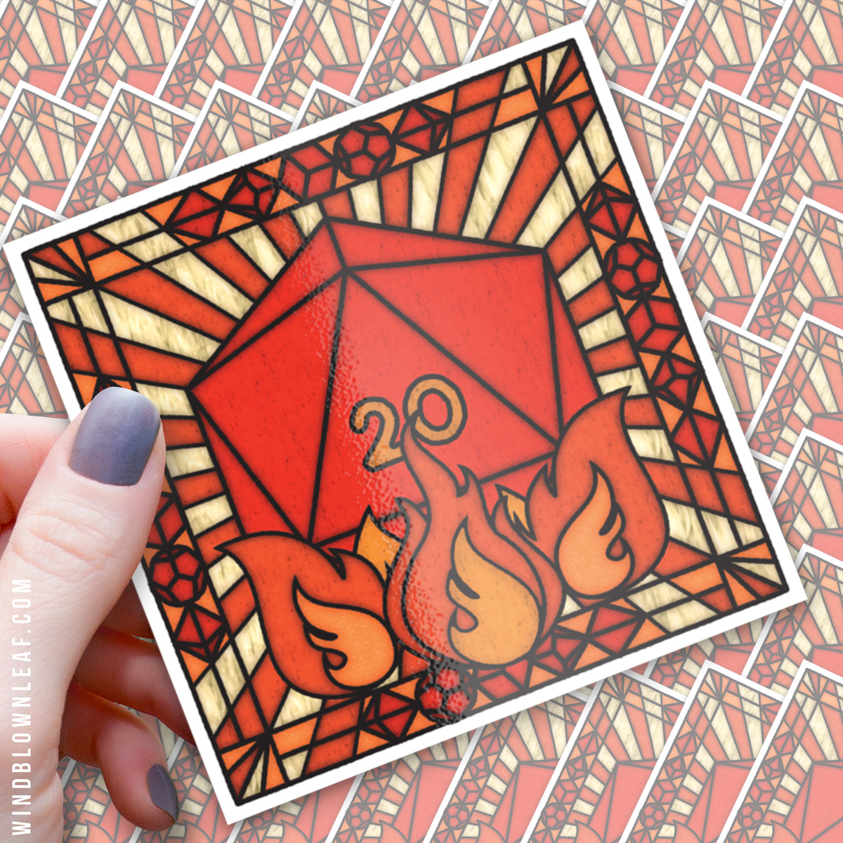 Stained Glass D20 - Flames - 3" Vinyl Sticker – Windblown Leaf Designs